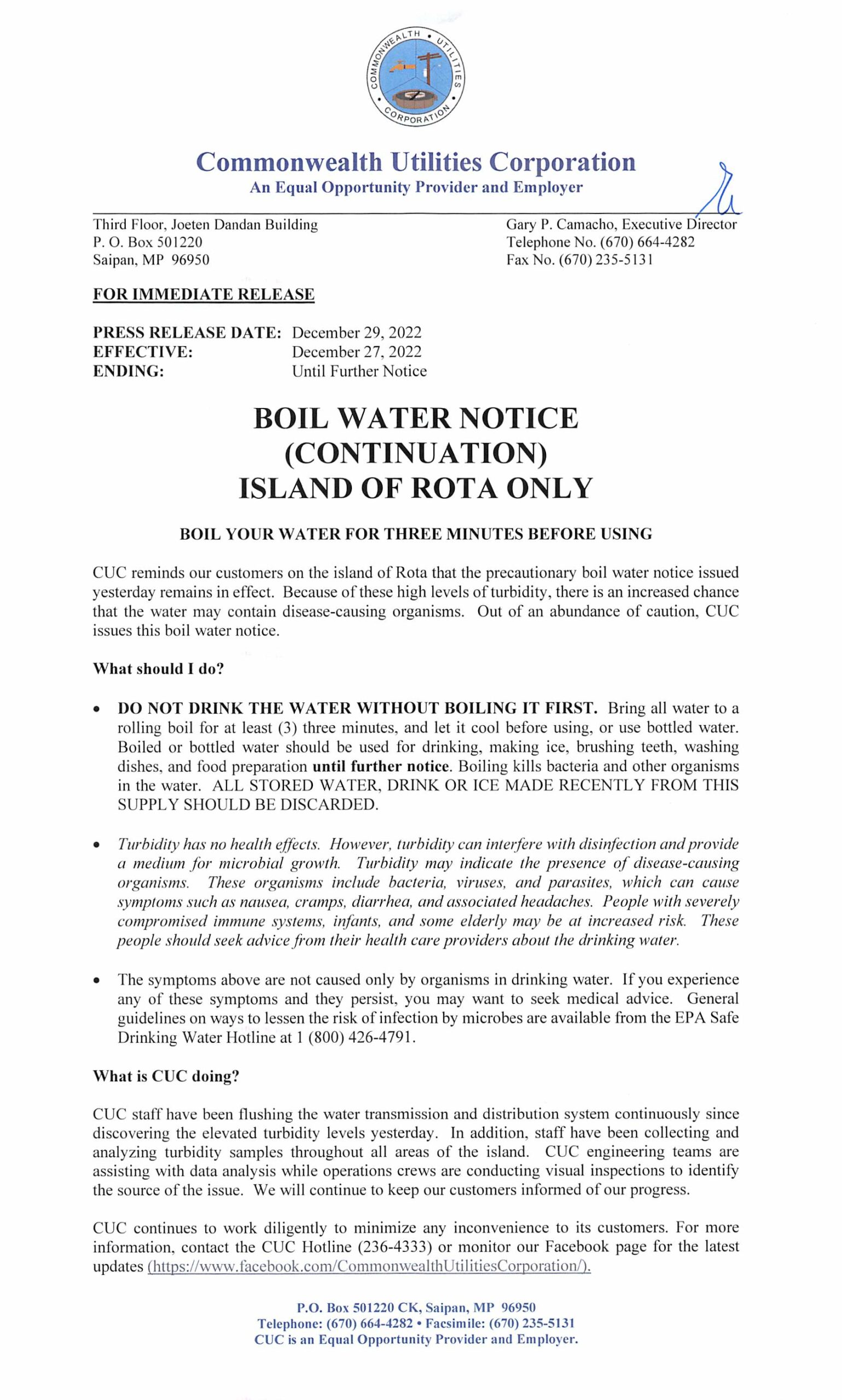 2022-DEC-29, Press Release re Boil Water Notice Continuation for Island ...