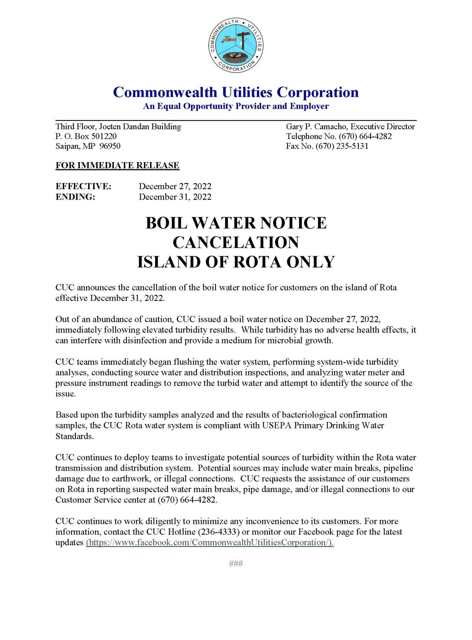 2022-DEC-31, Press Release re Boil Water Notice Cancelation for the ...