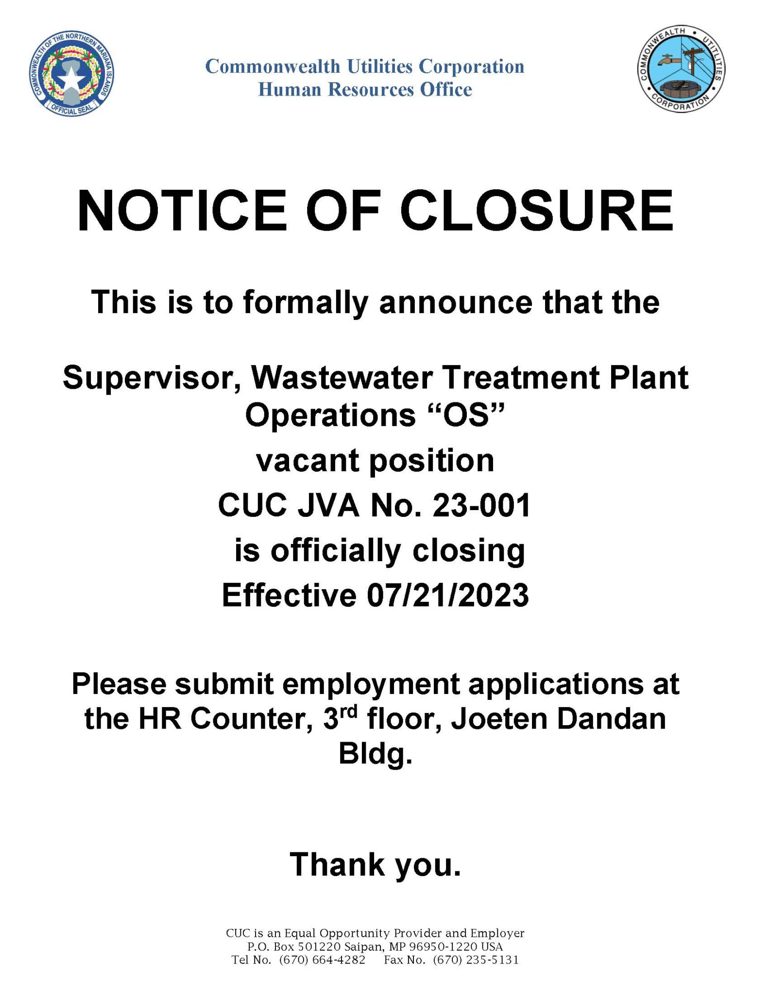 NOTICE - Supervisor, Wastewater Treatment Plant Operations 07.21.2023 ...