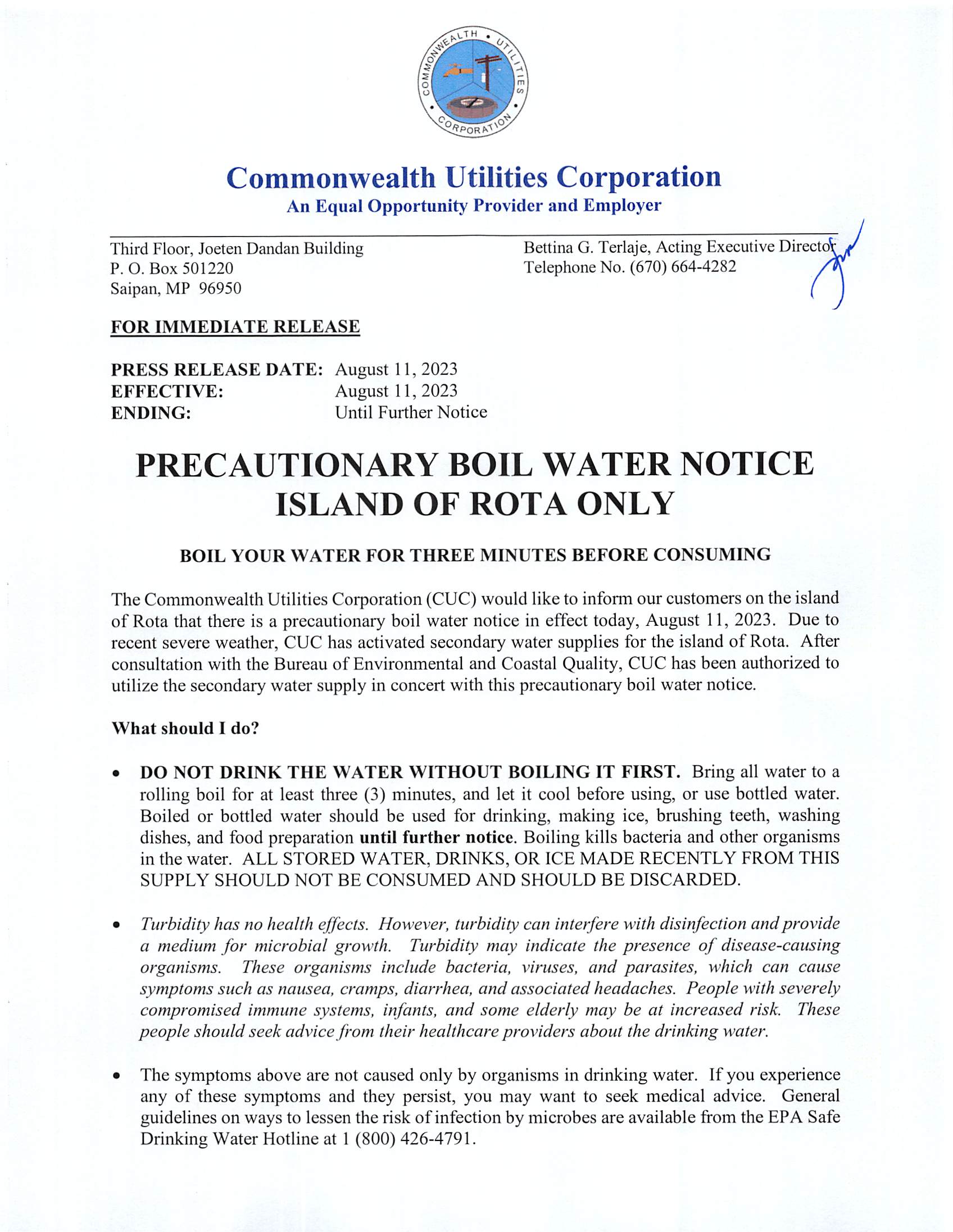 2023 08-11 Precautionary Boil Water Notice - Island of Rota Only ...