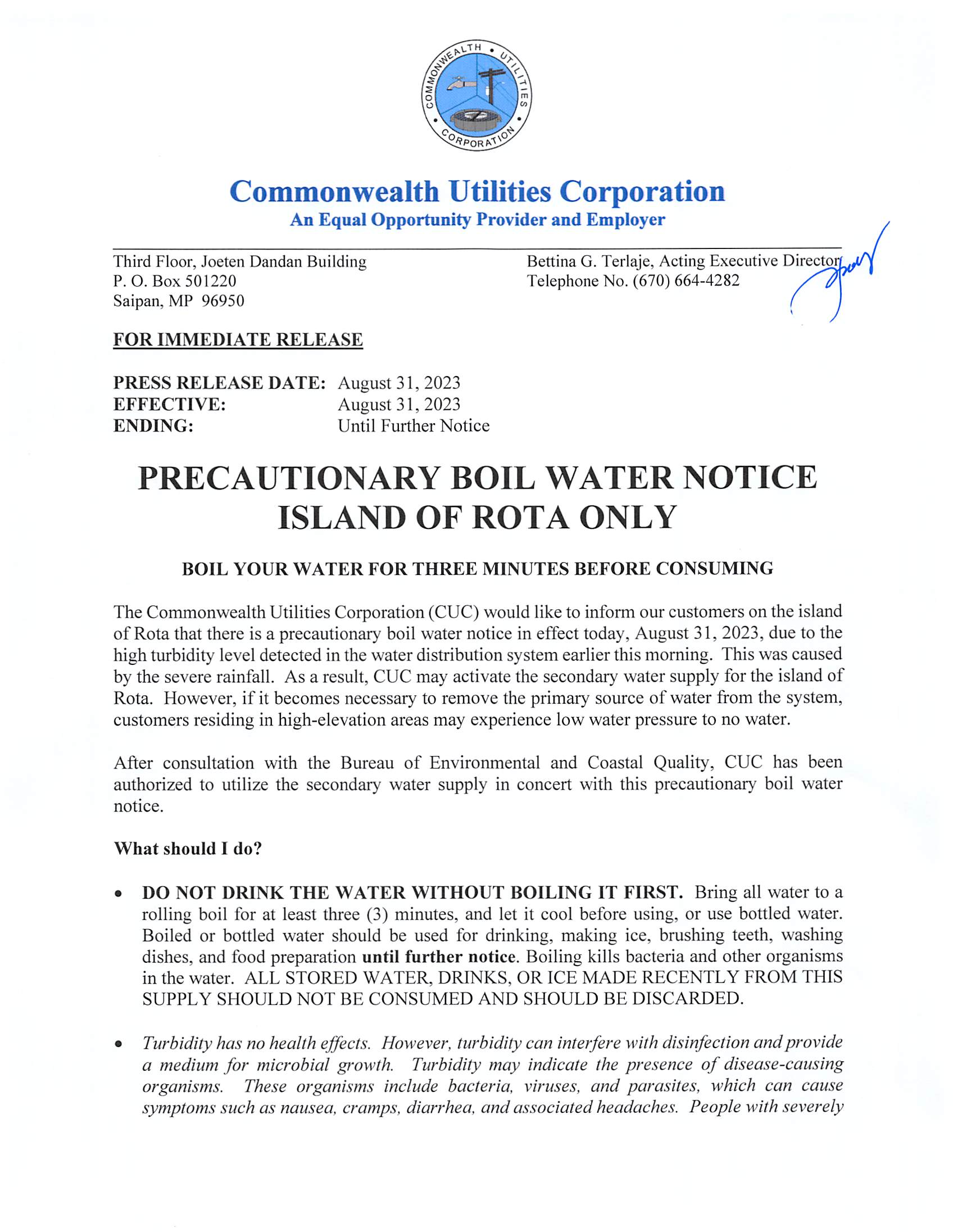2023 08-31 Precautionary Boil Water Notice - Island of Rota Only ...