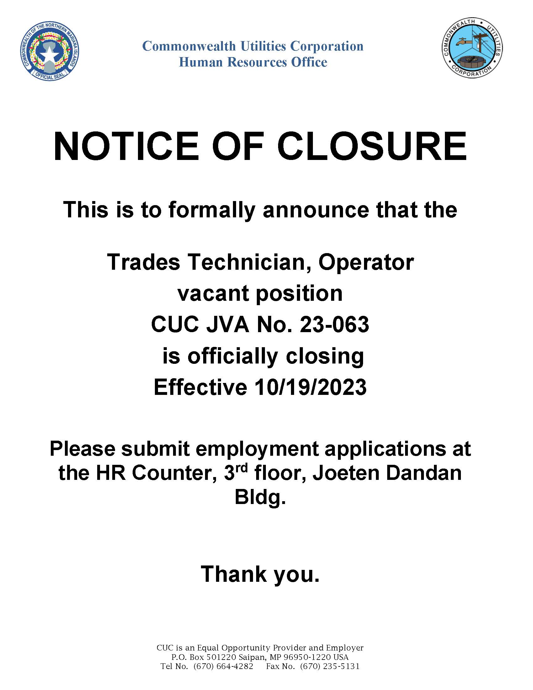 NOTICE- Trades Technician-Operator Closing 10.19.2023 - Commonwealth ...