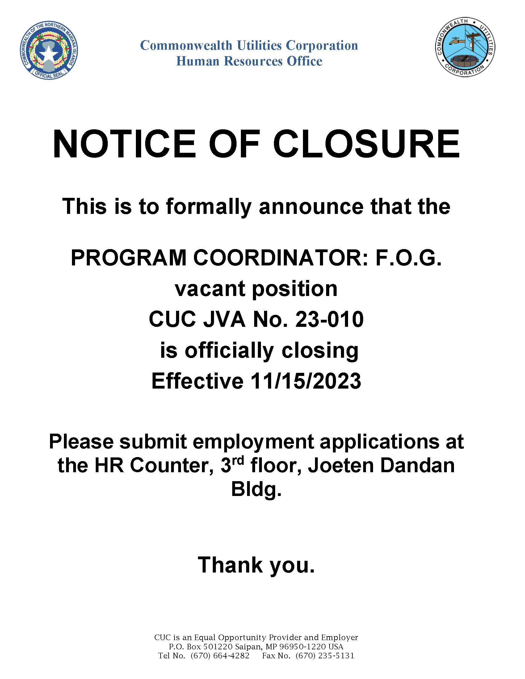 NOTICE- Program Coordinator - F.O.G. - Closing 11.15.2023 ...