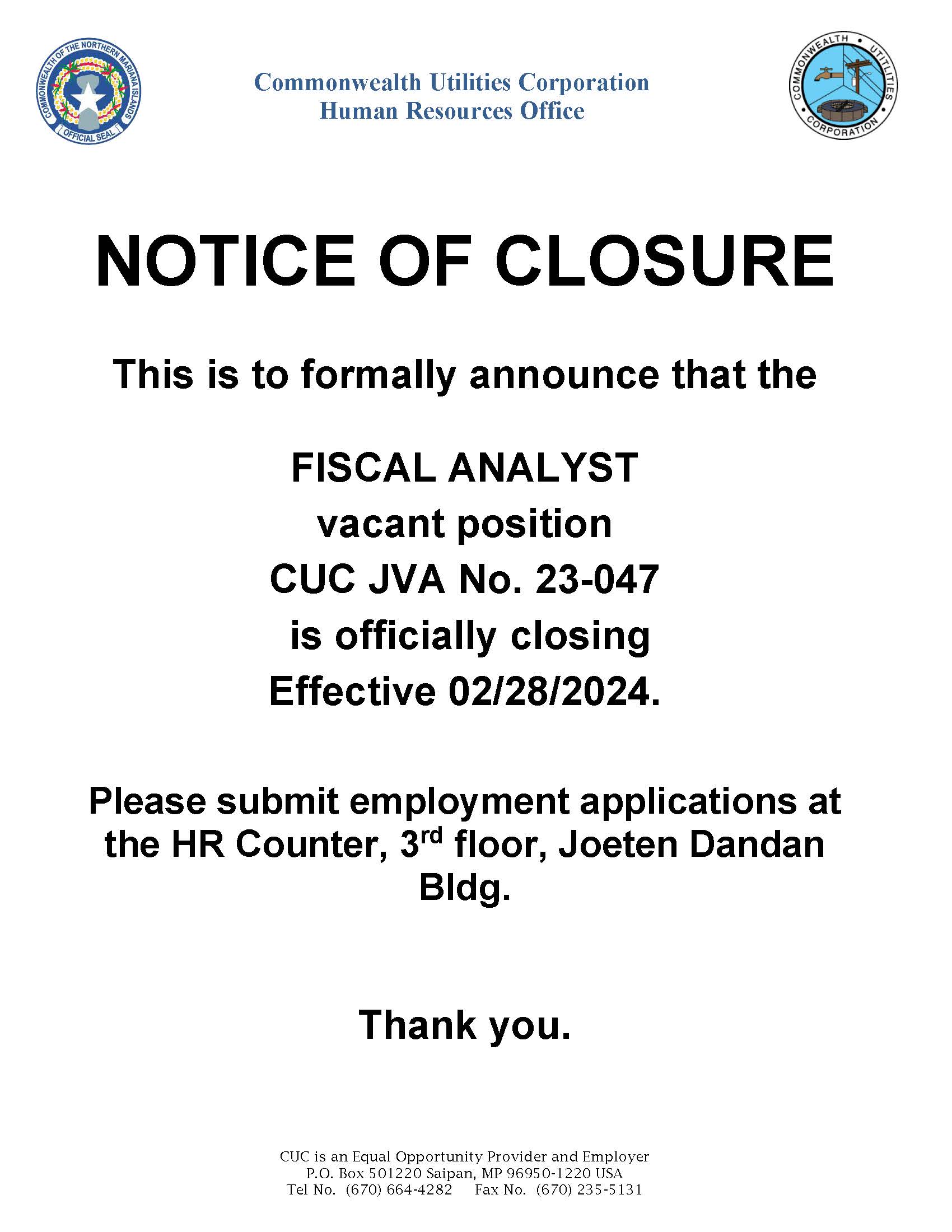 NOTICE- Fiscal Analyst, CFO-Accounting - Closing 02.28.2024 ...
