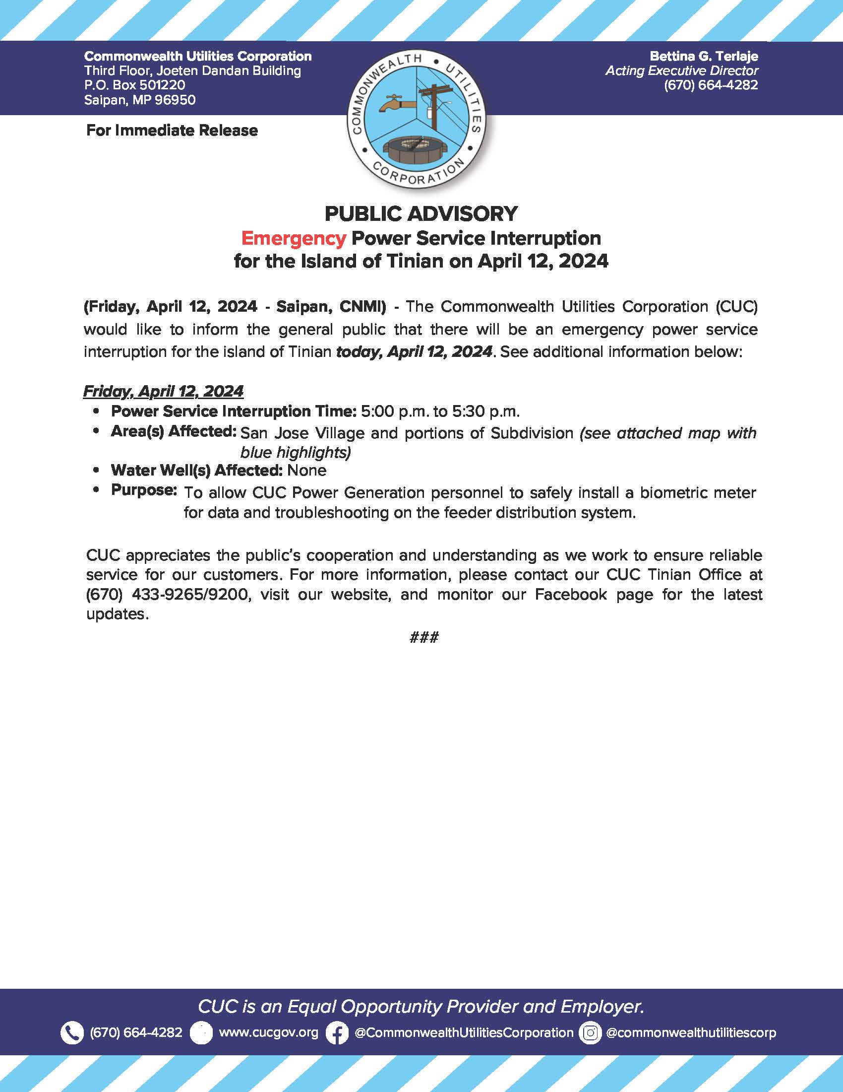 2024-April-12 Public Advisory re Emergency Power Service Interruption ...
