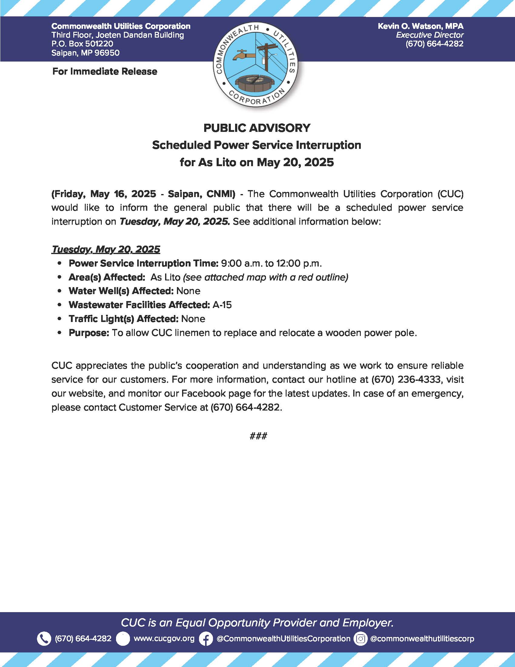 2025-05-16 Public Advisory re Scheduled Power Service Interruption for ...