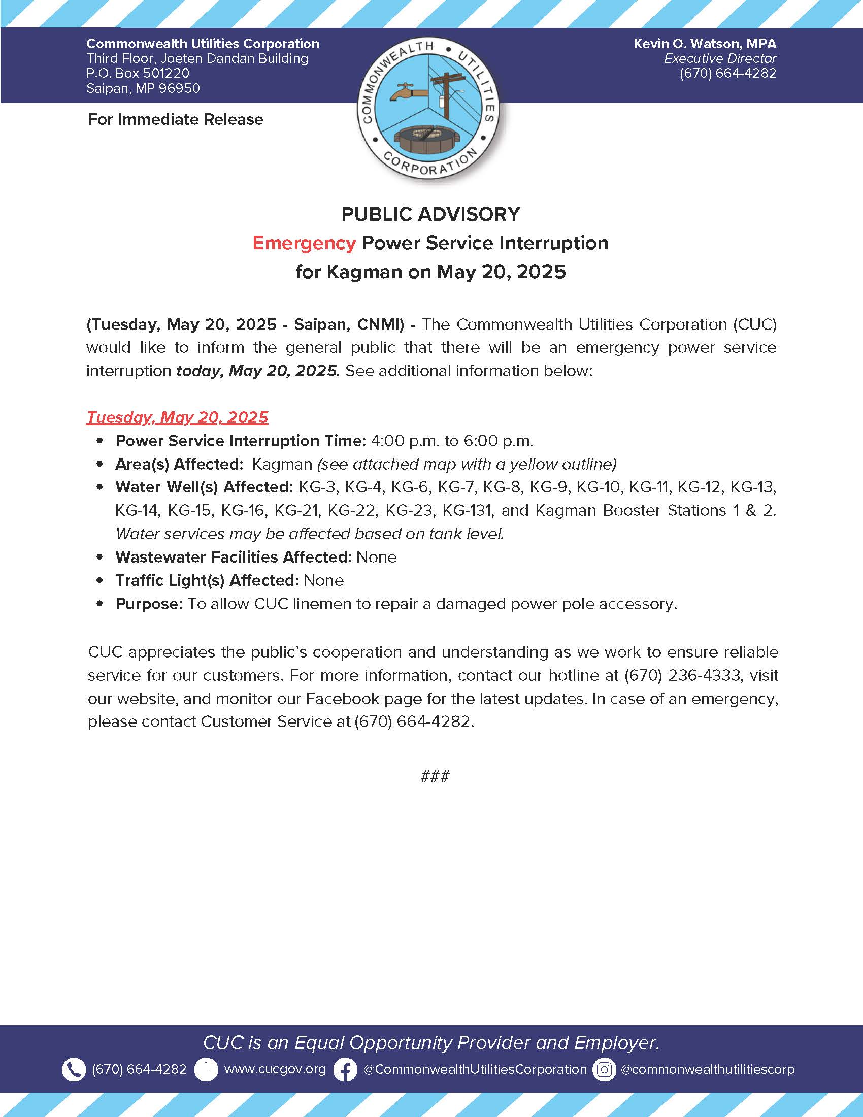 2025-05-20 Public Advisory re Emergency Power Service Interruption for ...