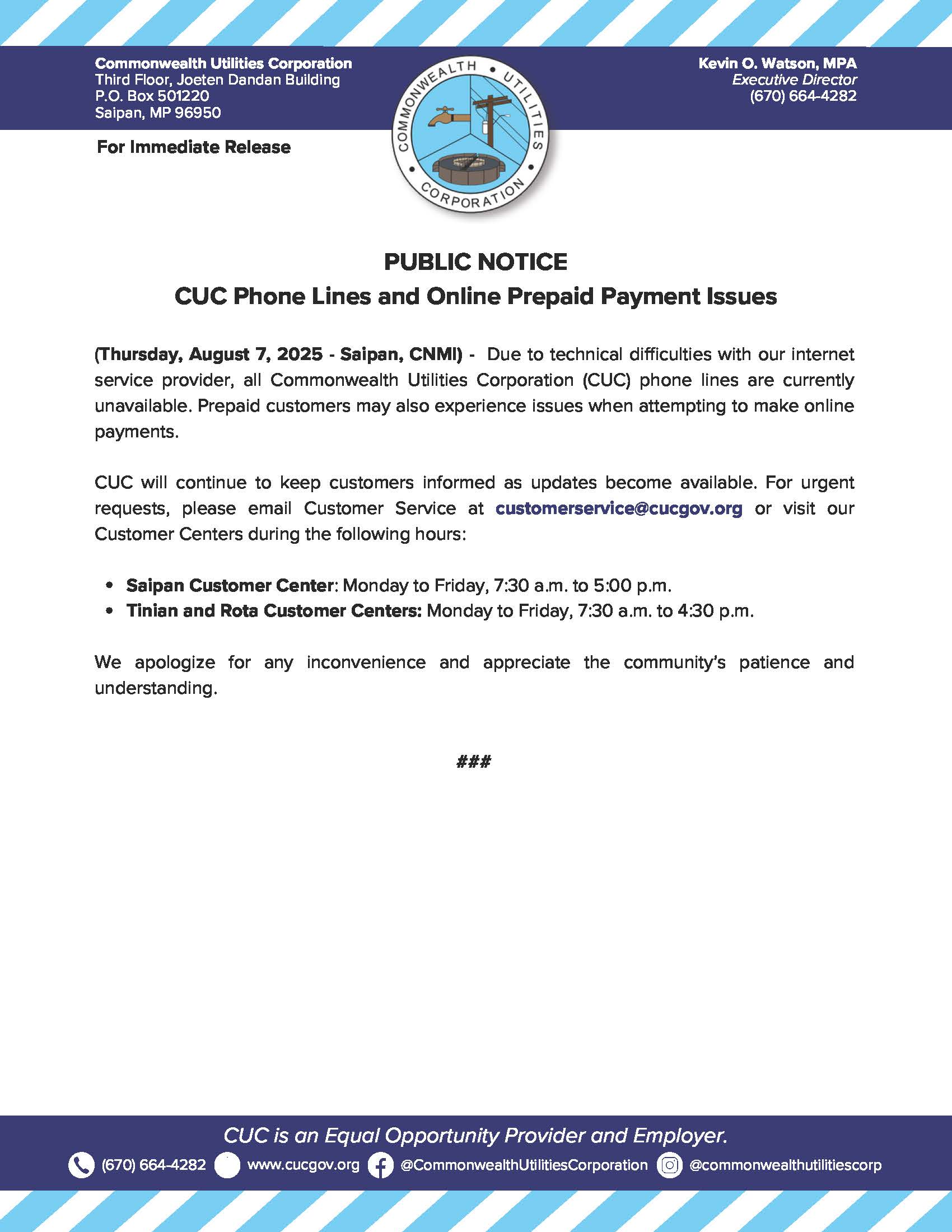 2025-08-07 Public Notice re CUC Phone Lines and Online Prepaid Payment ...