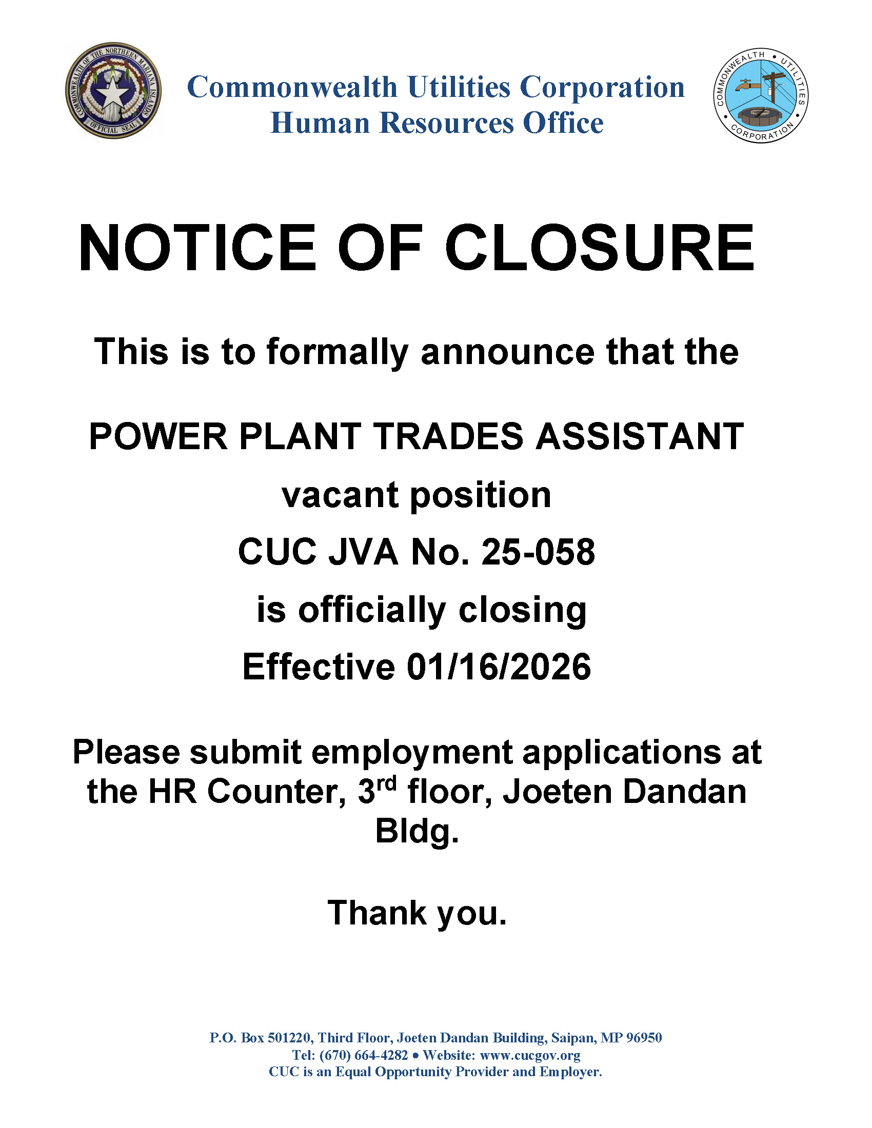 NOTICE - POWER PLANT TRADES ASSISTANT, Tinian Power Generation 01.16. ...